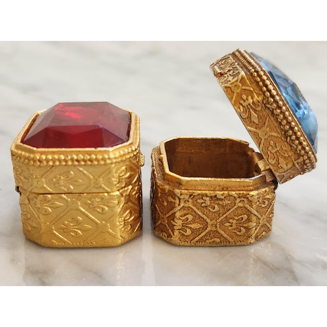 1950s Florenza Red & Blue Gem Fleur Di Lis Pill Storage Boxes in Gold ...