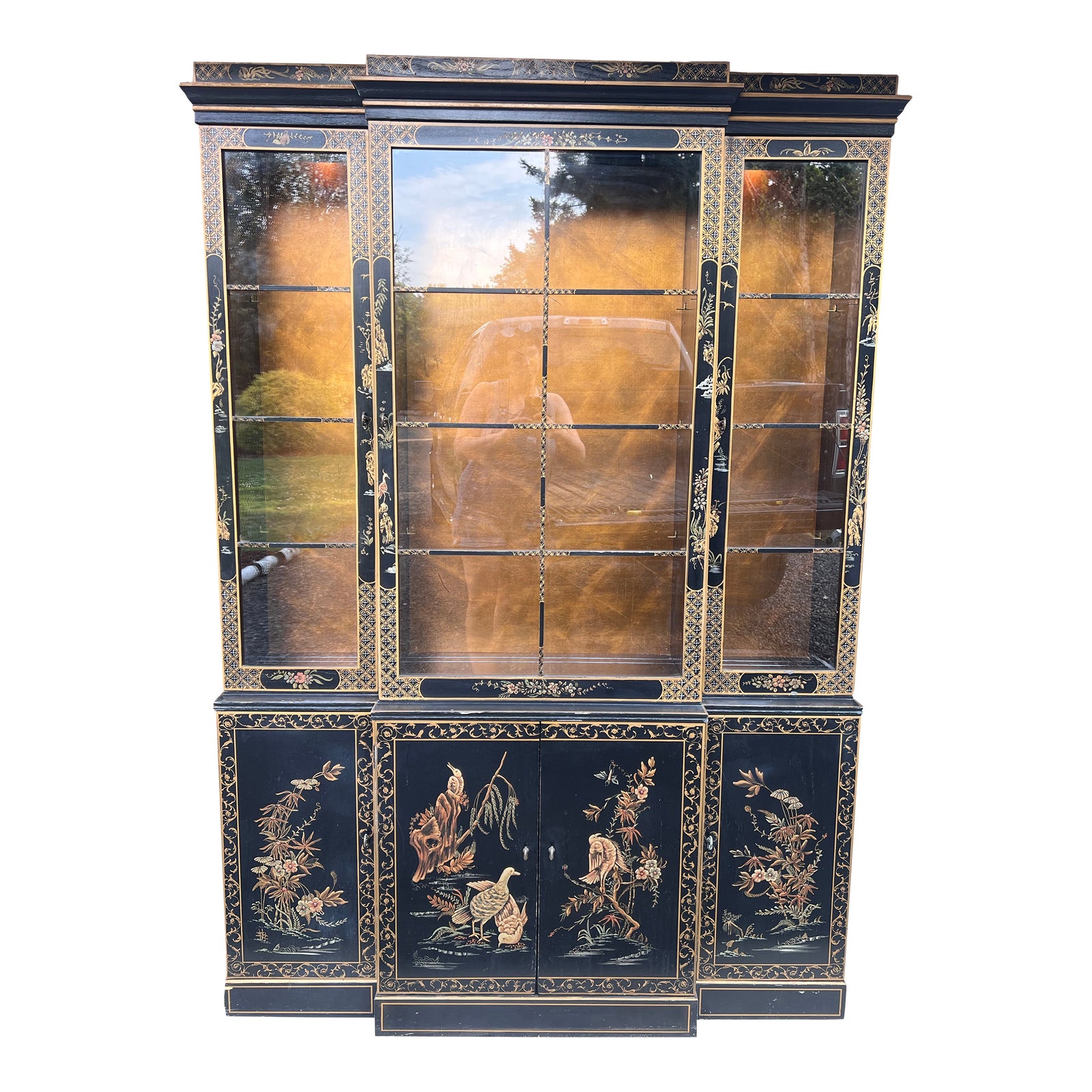 Vintage Drexel Heritage ‘Et Cetera’ Asian Chinoiserie Black Lacquered China Cabinet/ Breakfront ...