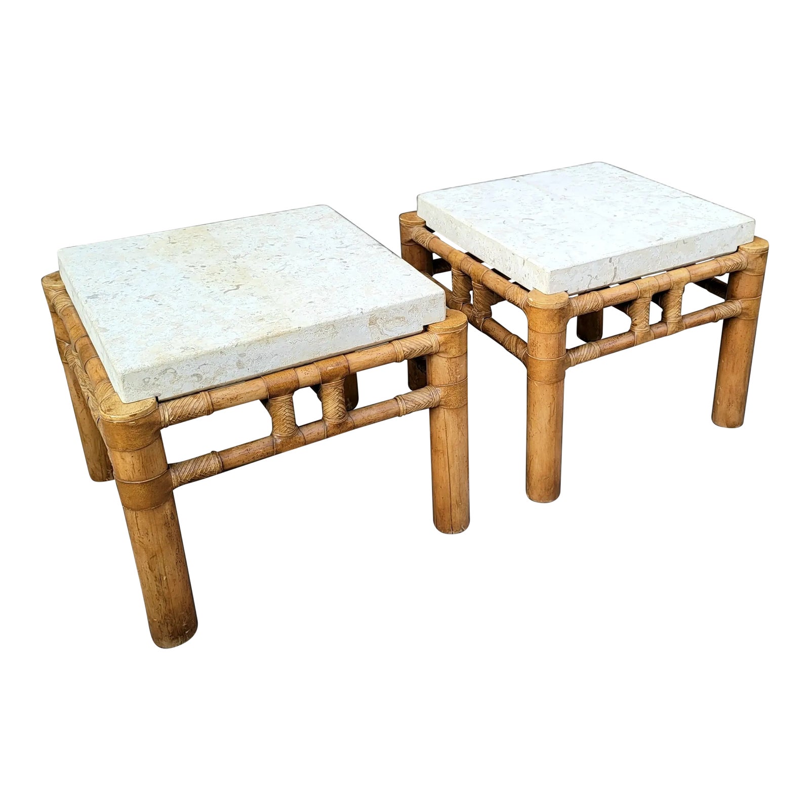 1980s Henredon Budji Layug Style Bamboo and Stone Top Side Tables - a ...