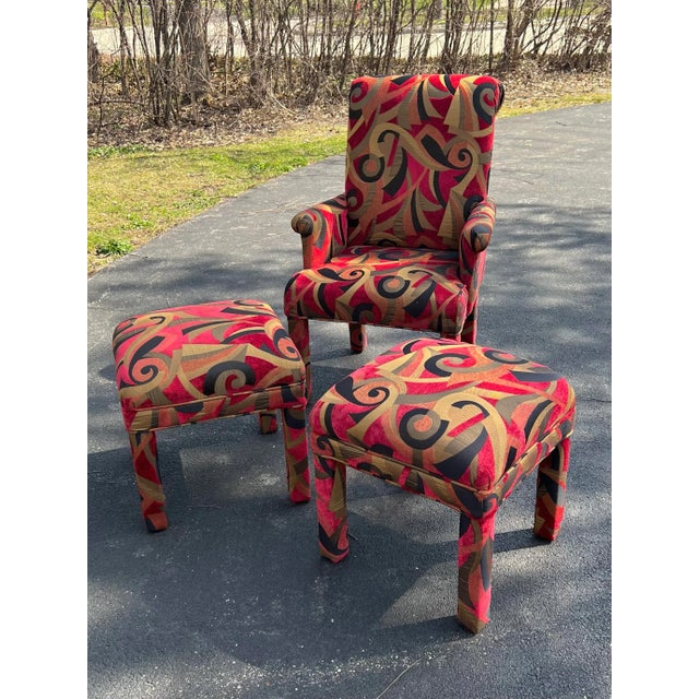 1980s Milo Baughman Style Scroll Back Parsons Arm Chair With Ottomans ...