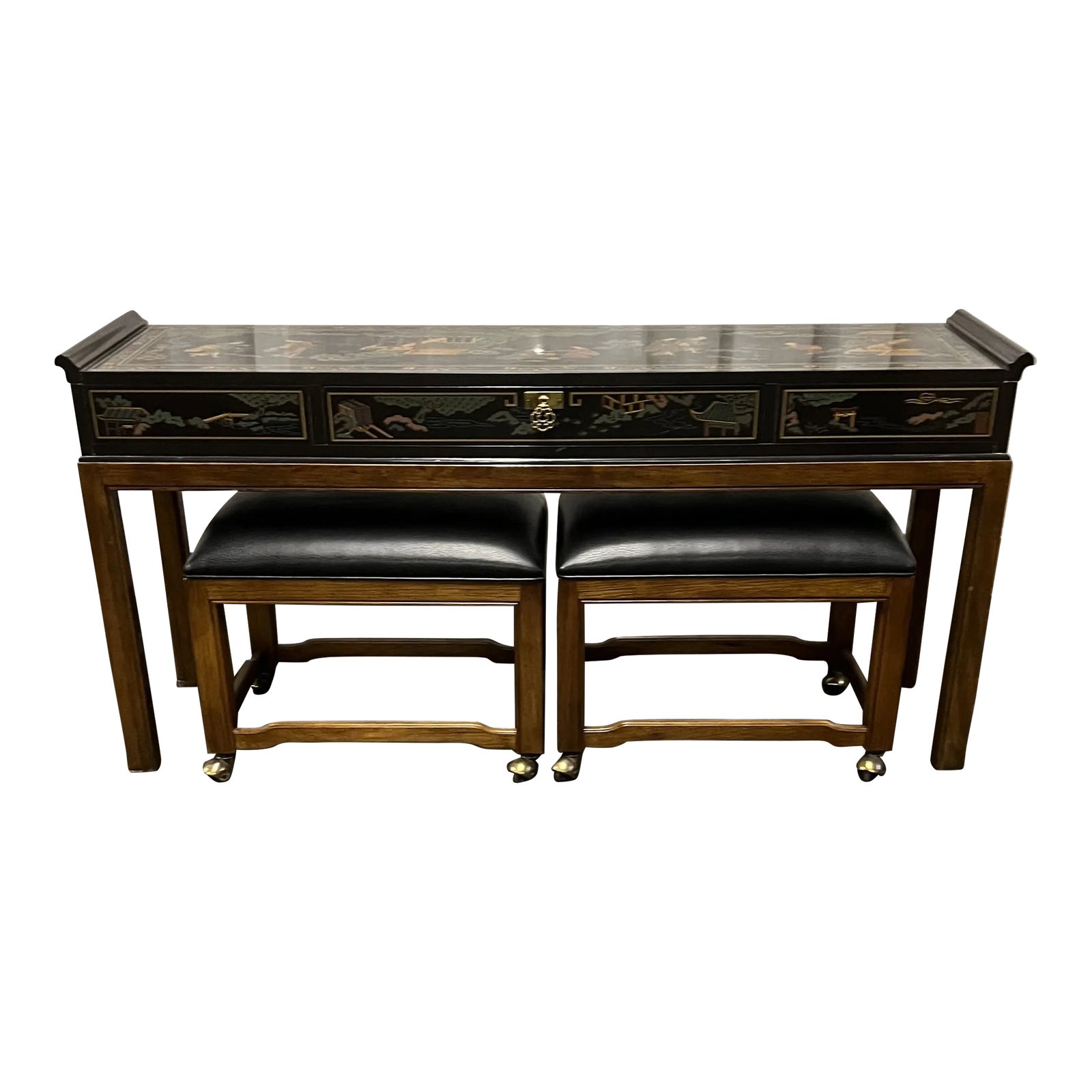 1970s Black Lacquer Chinoiserie Console Table with Stools - Set of 3 ...