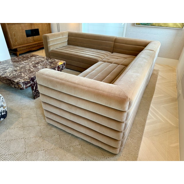 Crate & Barrel Strato Camel Velvet Three-Piece Sectional Sofa | Chairish