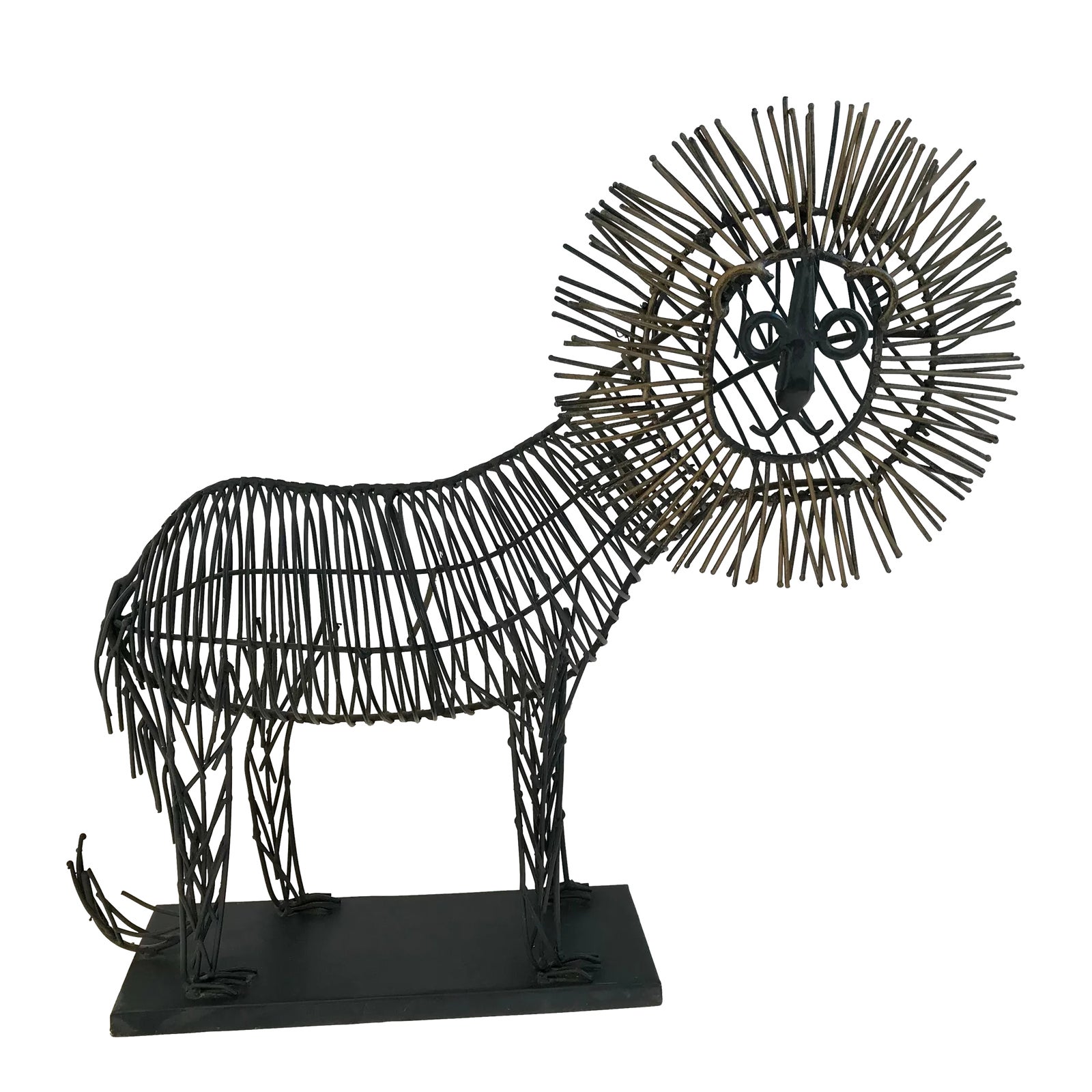 Mid-Century Modern Style Black Whimsical Wire Lion Sculpture | Chairish