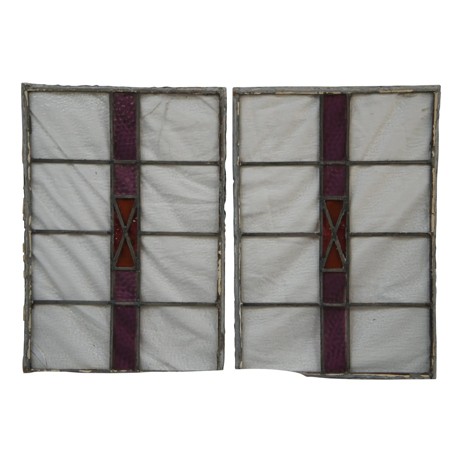 Pair of Antique Reclaimed Leaded Stained Amethyst Glass Window Panels ...
