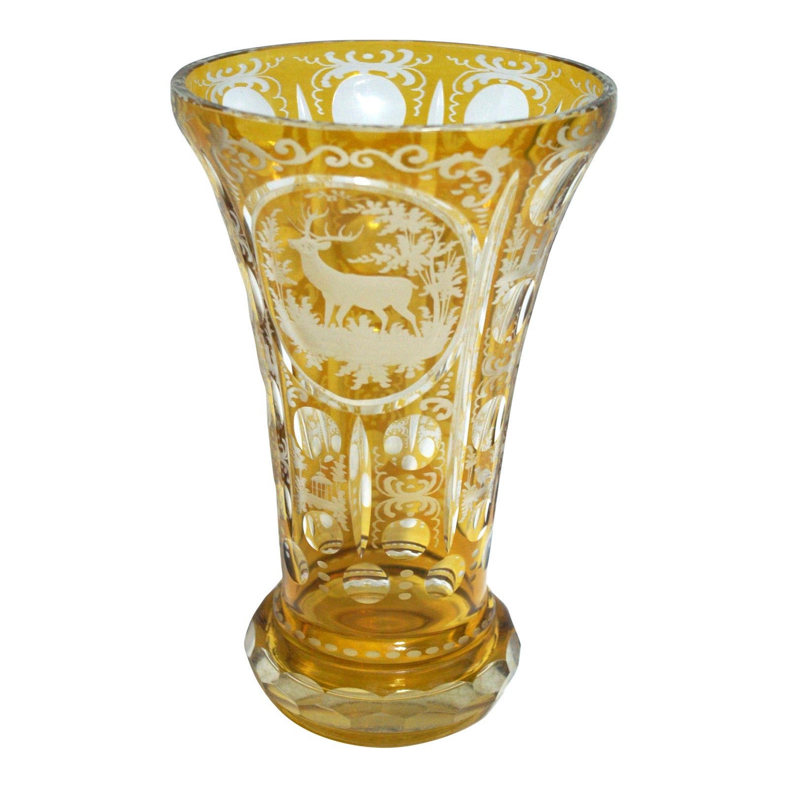 Antique Amber Etched Stag Vase | Chairish
