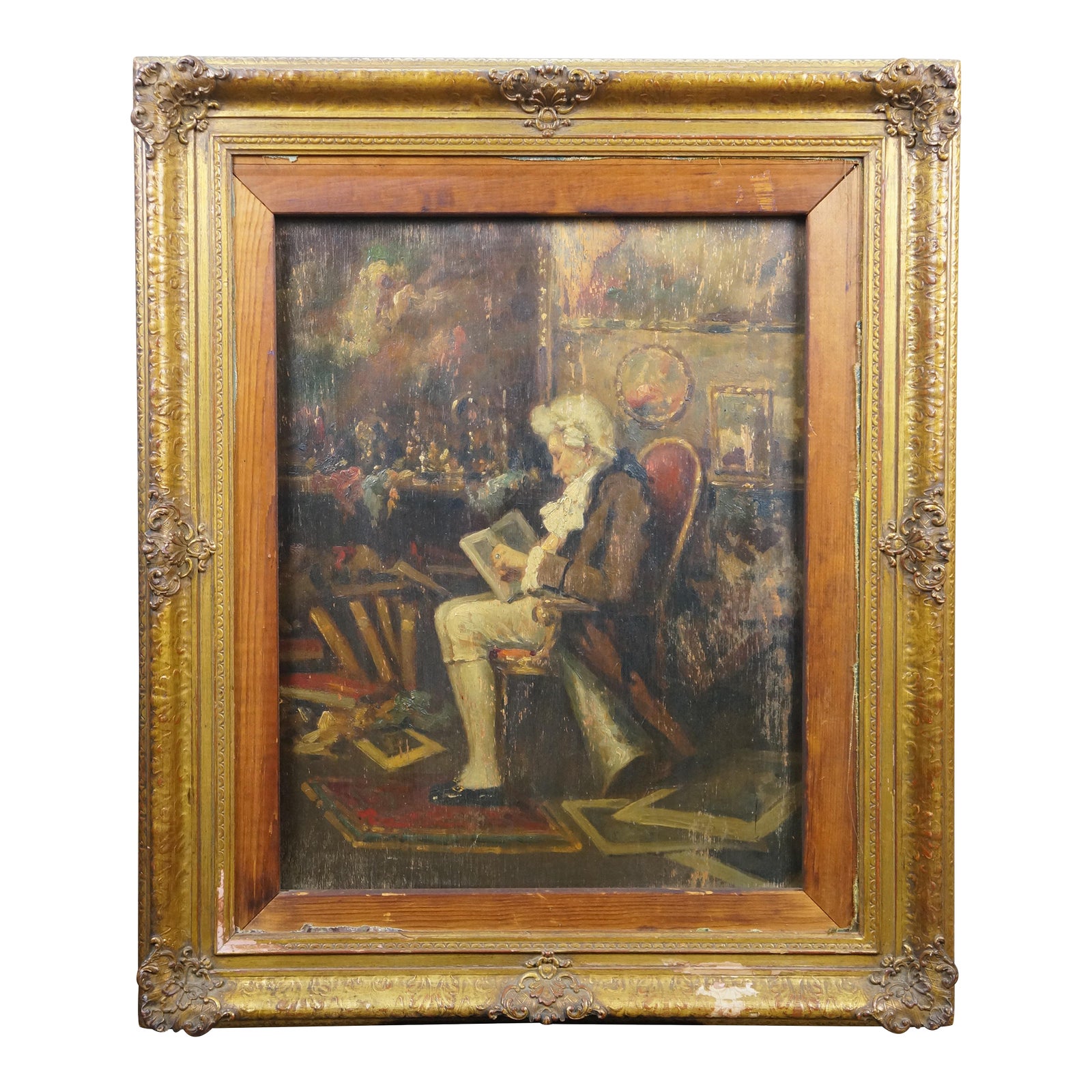 Antique Colonial Man Reading in Library Oil Painting on Board 33 ...