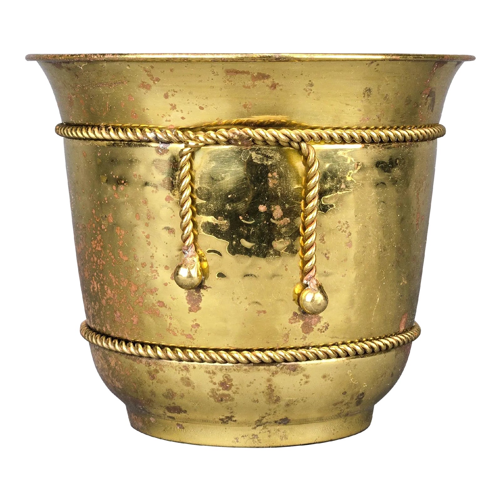 Vintage Hand Hammered Brass Planter French Tassel Rope Design | Chairish