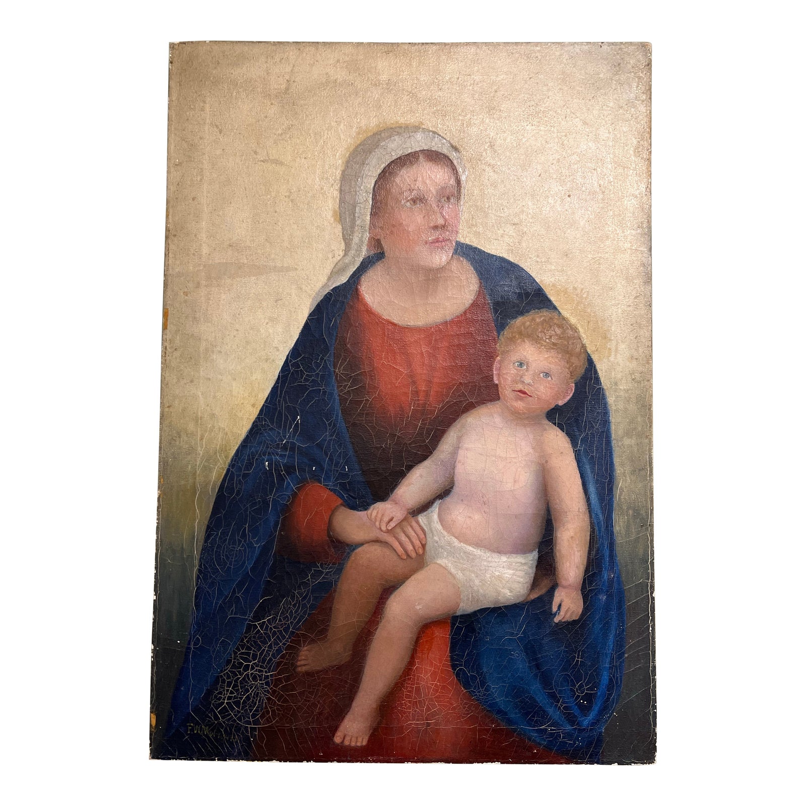 Late 19th Century Devotional Oil on Canvas – Antique Madonna and Child, Signed Religious ...