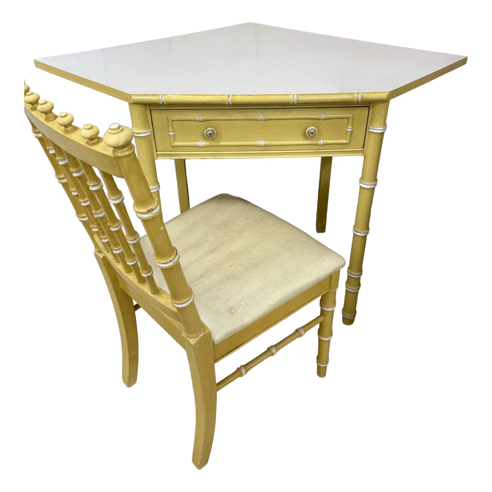Vintage Thomasville Yellow Faux Bamboo Corner Desk and Chair | Chairish
