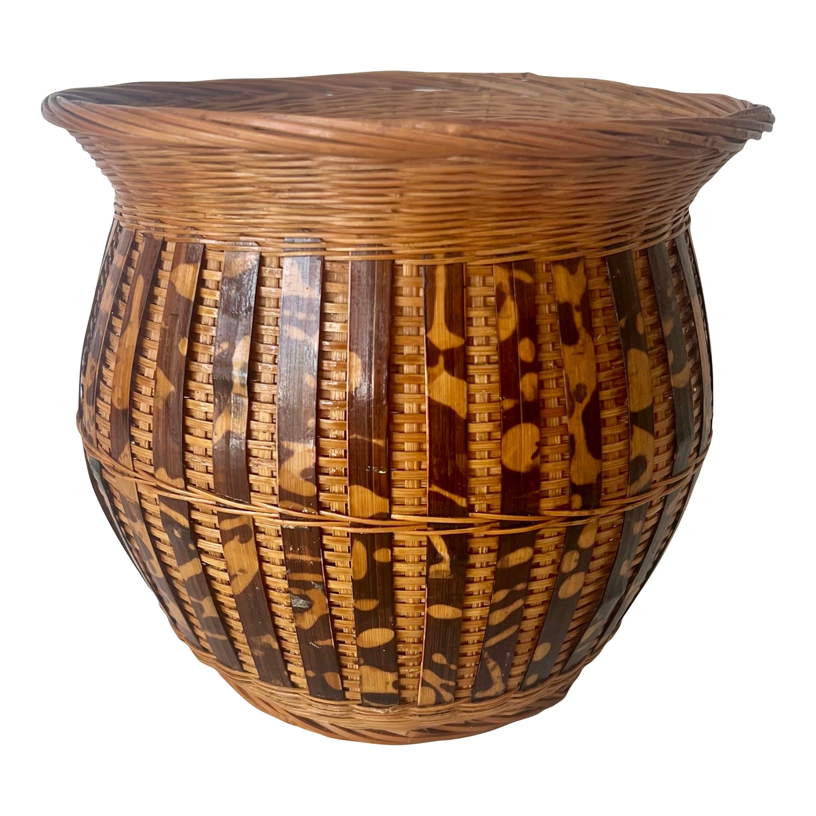 Vintage Tortoise Bamboo and Wicker Basket | Chairish