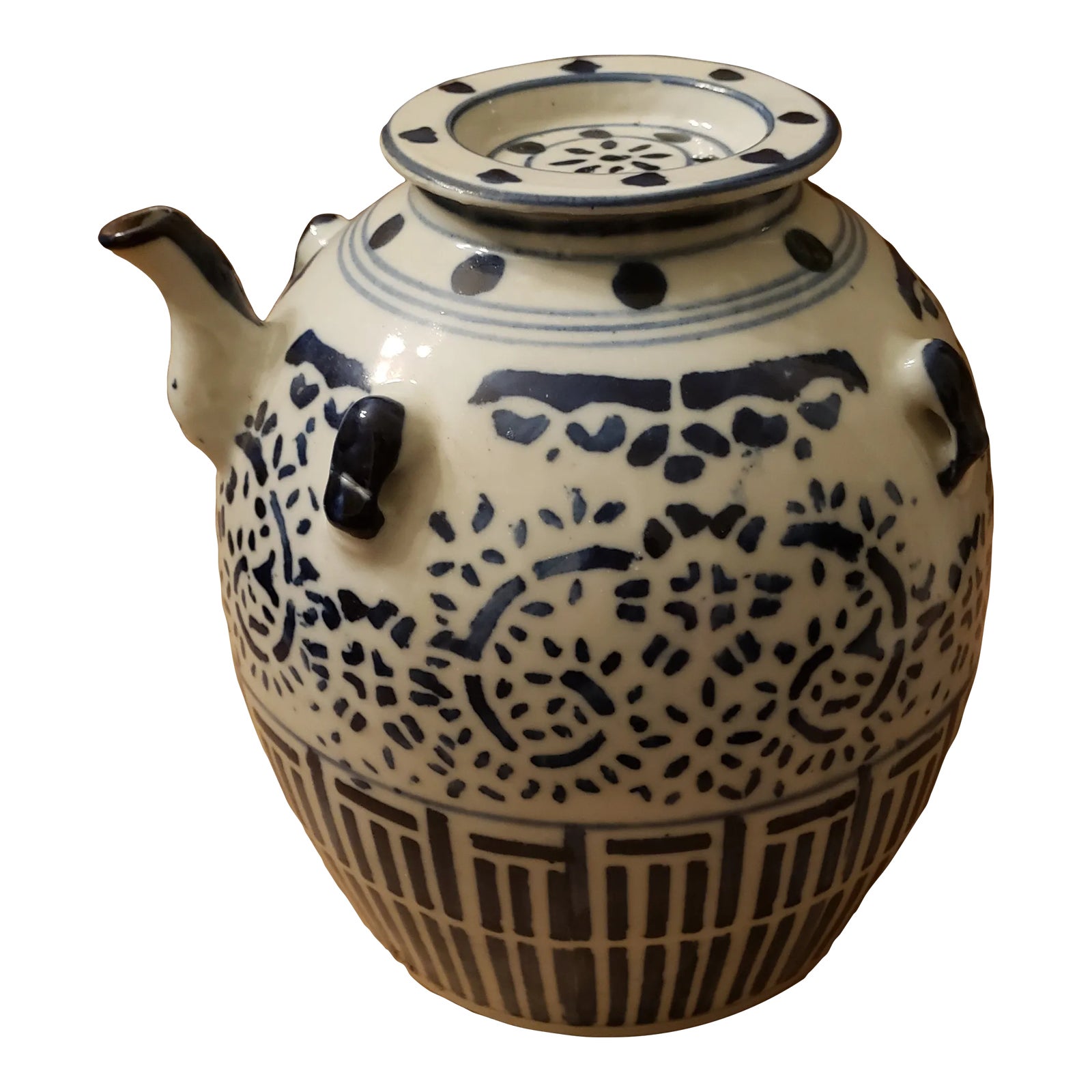 Vintage Blue and White Chinese Rice Wine Jug With Spout and Lid | Chairish