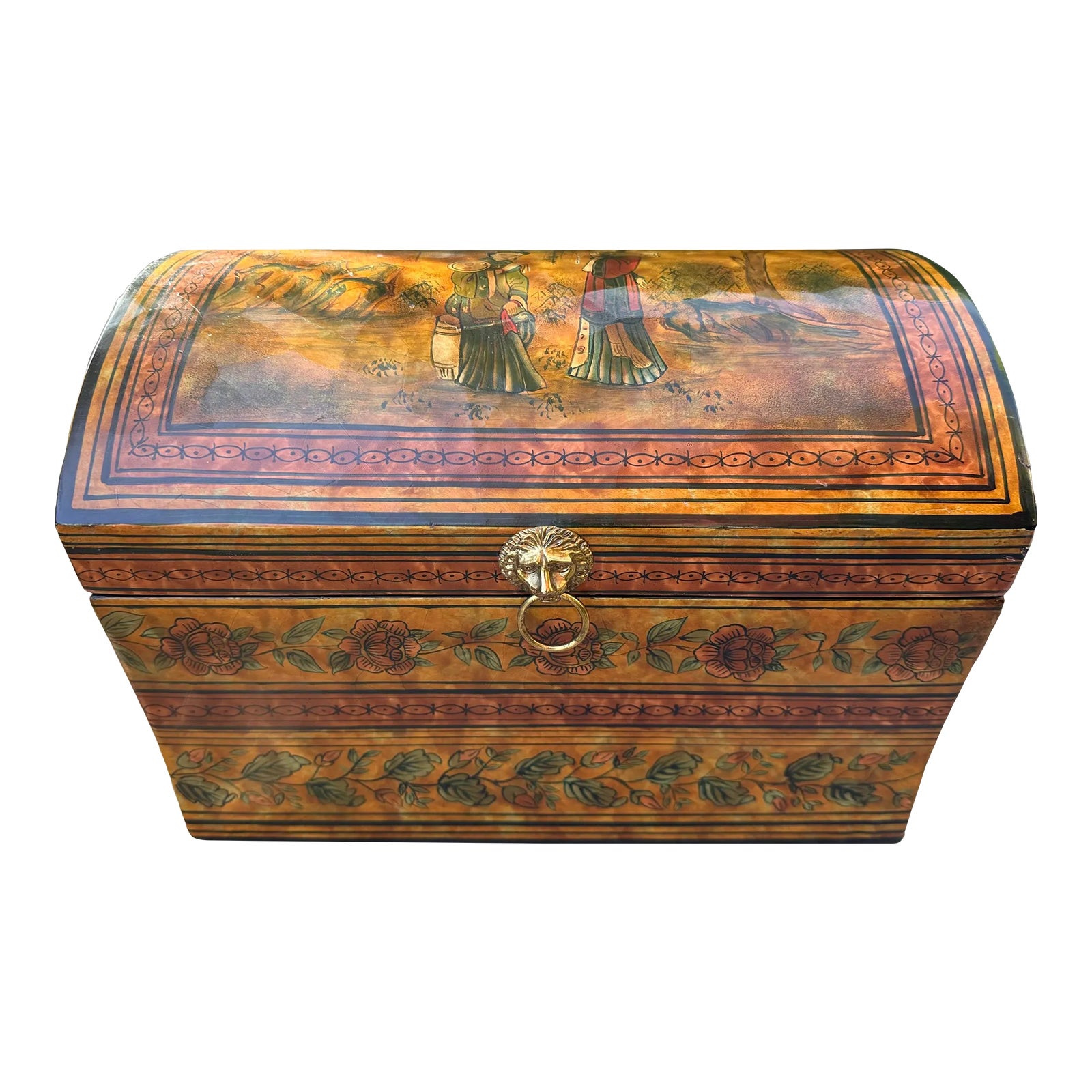 Vintage Chinese Wood Hand Painted Lacquer Large Dome Decorative Box ...