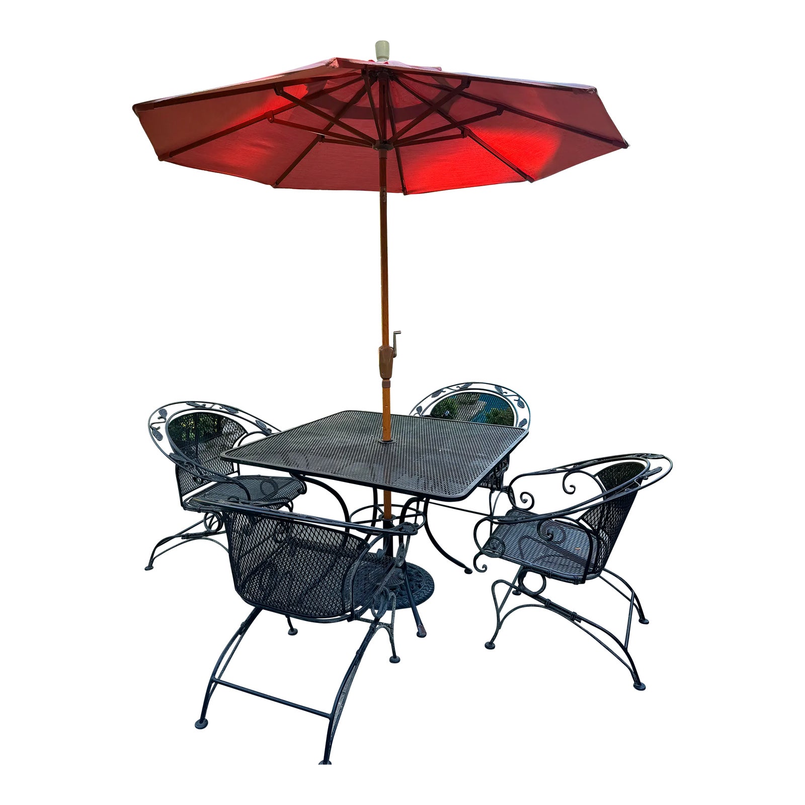 O.W. Lee Vintage Garden Leaf Wrought Iron Table & 4 Barrel Back Coil ...