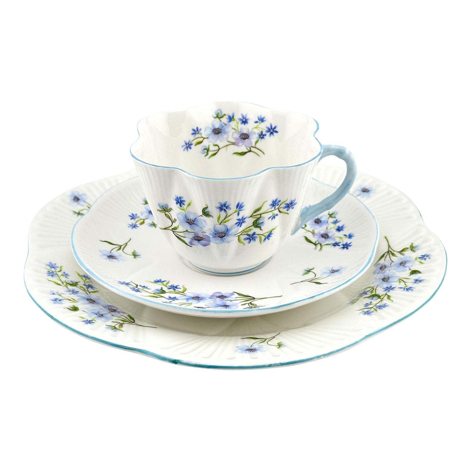 Shelley Blue Rock Trio Dainty Shape Vintage English Bone China 3 Piece