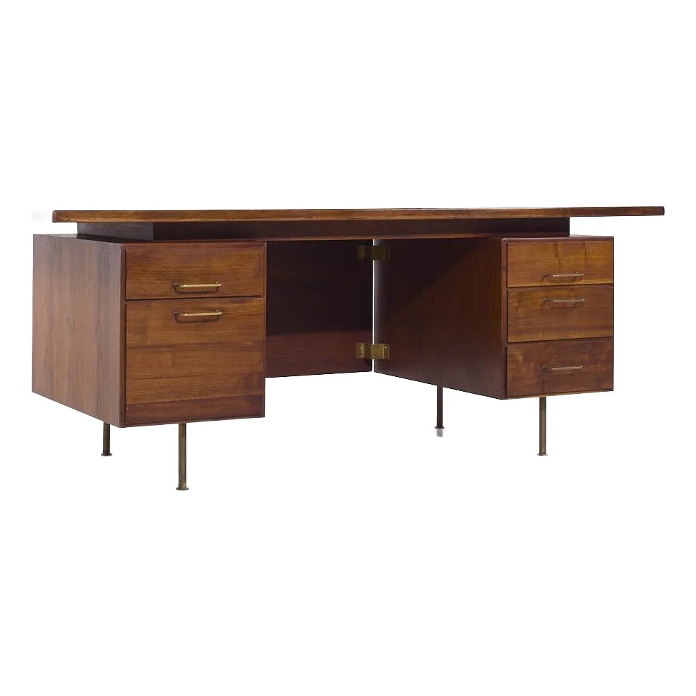 Jens Risom Mid Century Walnut and Brass Executive Desk | Chairish