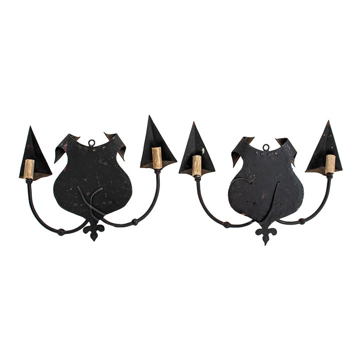 Wrought Iron Shield Form Two Light Sconces | Chairish