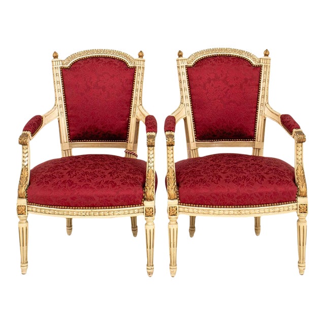 Louis XVI Style Gold & White Painted Arm Chairs, Pair | Chairish