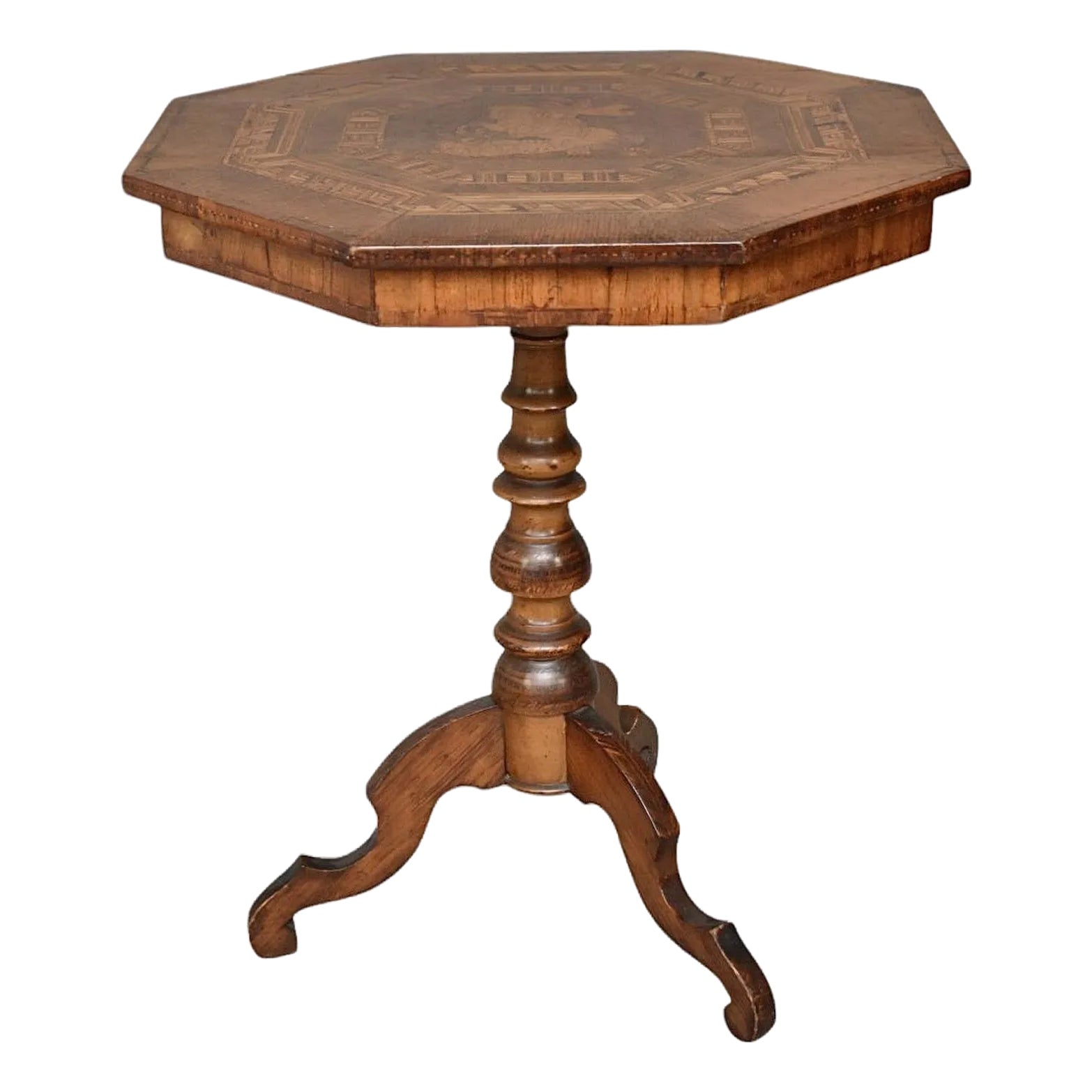 Hexagonal Center Table With Marquetry Design Surface | Chairish