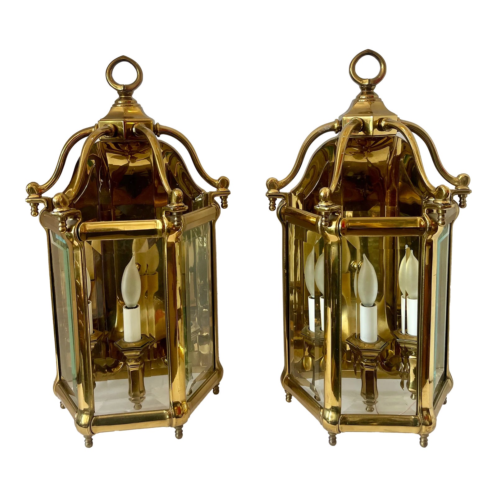 Pair of Heavy Pagoda, Bronze & Beveled Glass Three Lights Wall Lanterns ...