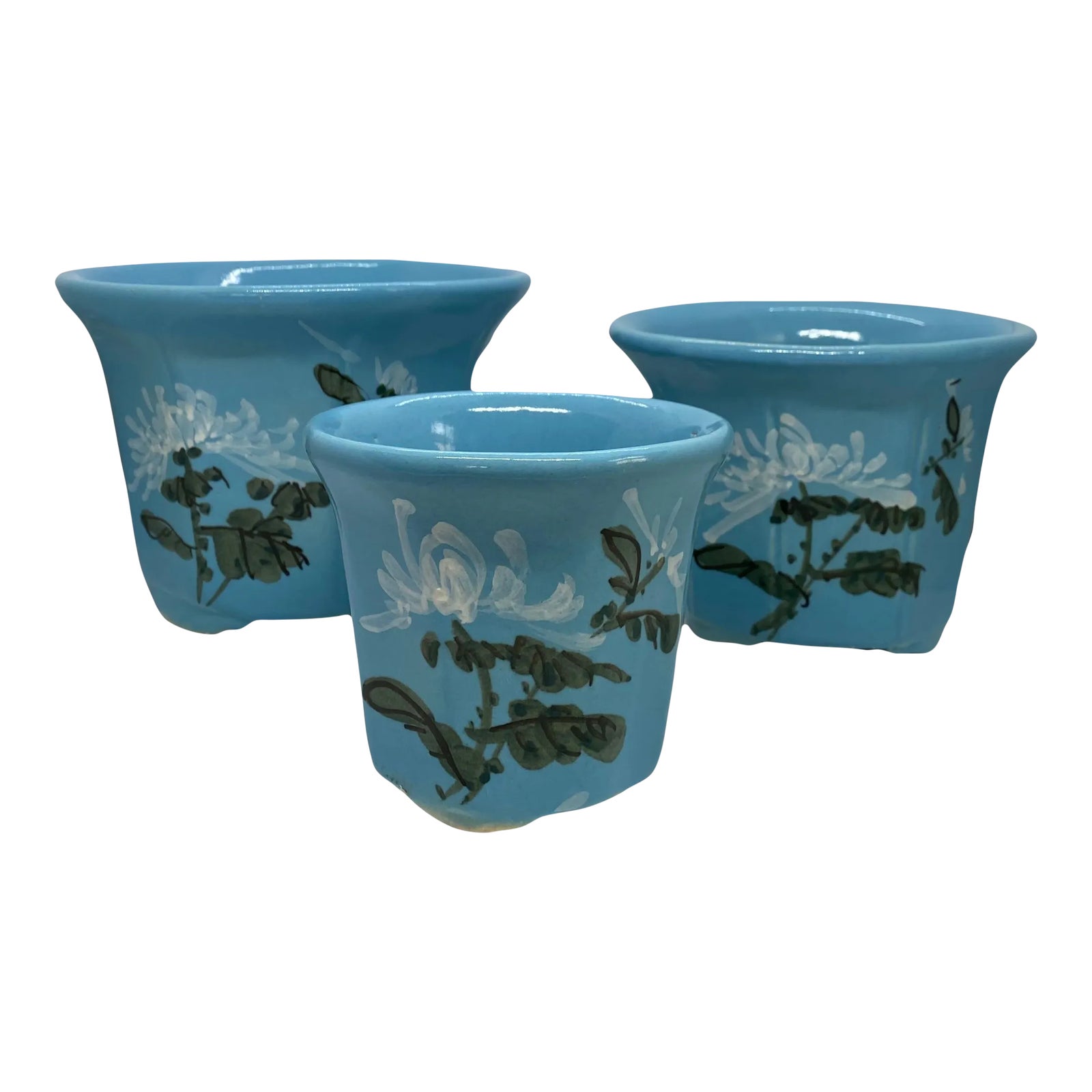 Mid 20th Century HandPainted French Blue Ceramic Planter Flower Pots ...