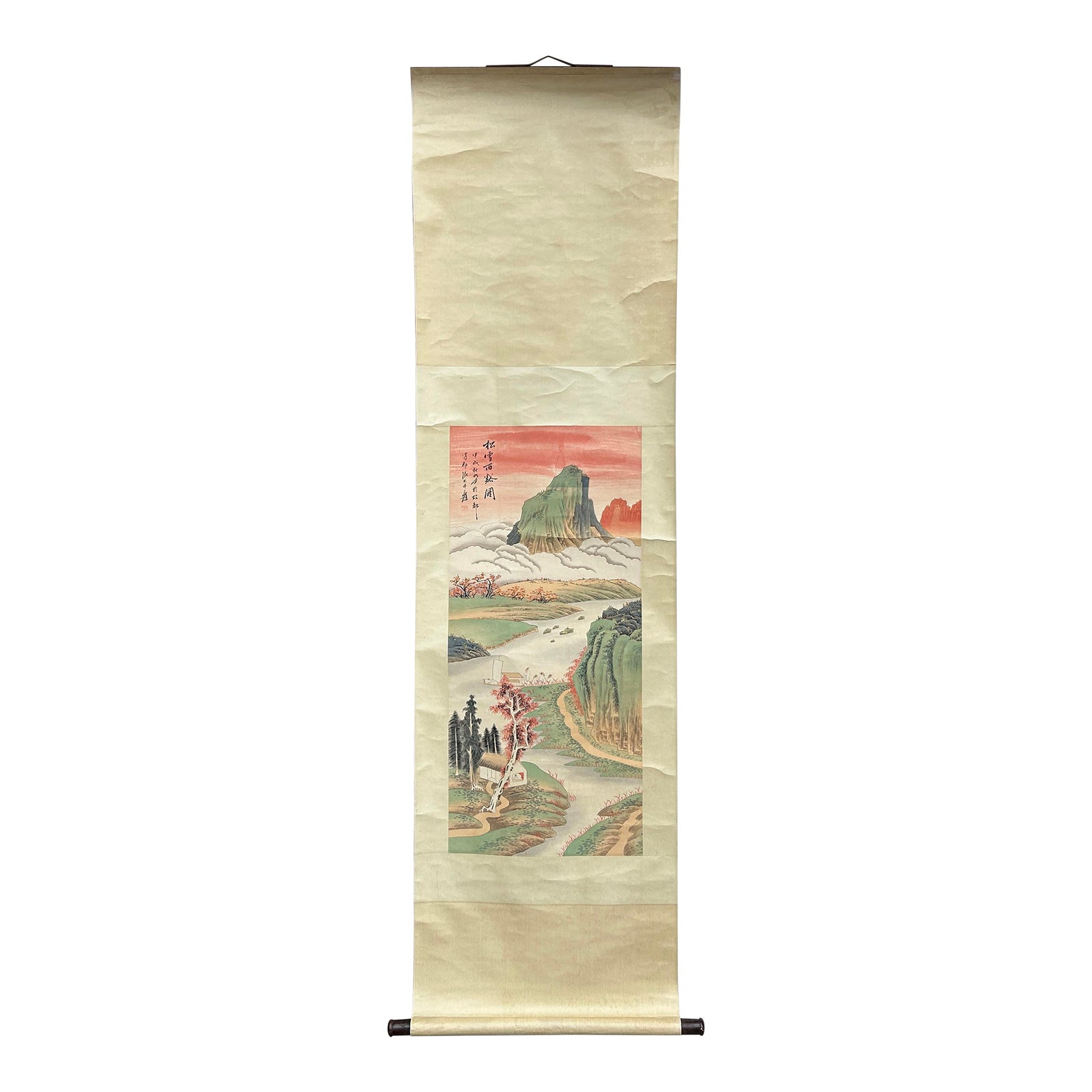 Vintage Chinese Color Ink Brush Scenery Scroll Painting Wall Art | Chairish