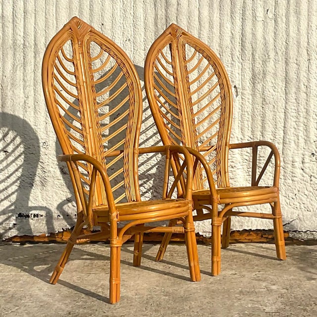 Vintage Coastal Bent Rattan Leaf High Bark Arm Chairs - Set of 2 | Chairish