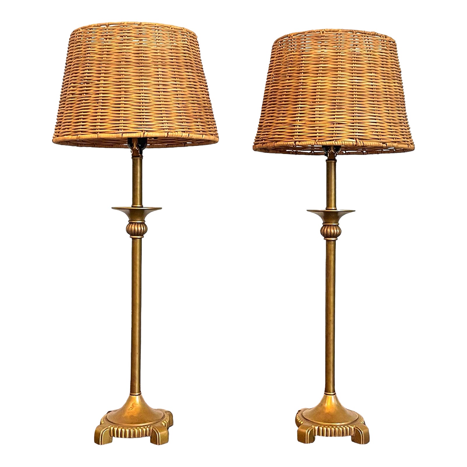 Late 20th Century Tall Brass Buffet Lamps With Wicker Shades - a Pair ...