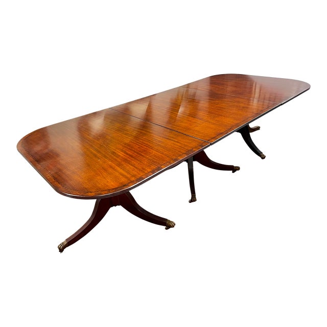Antique Mahogany Inlay Pedestal Dining Table | Chairish