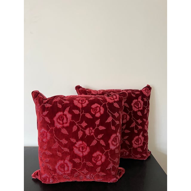 Nancy Corzine Pair of Pillows in Climbing Roses Color Ruby Red and Hand ...