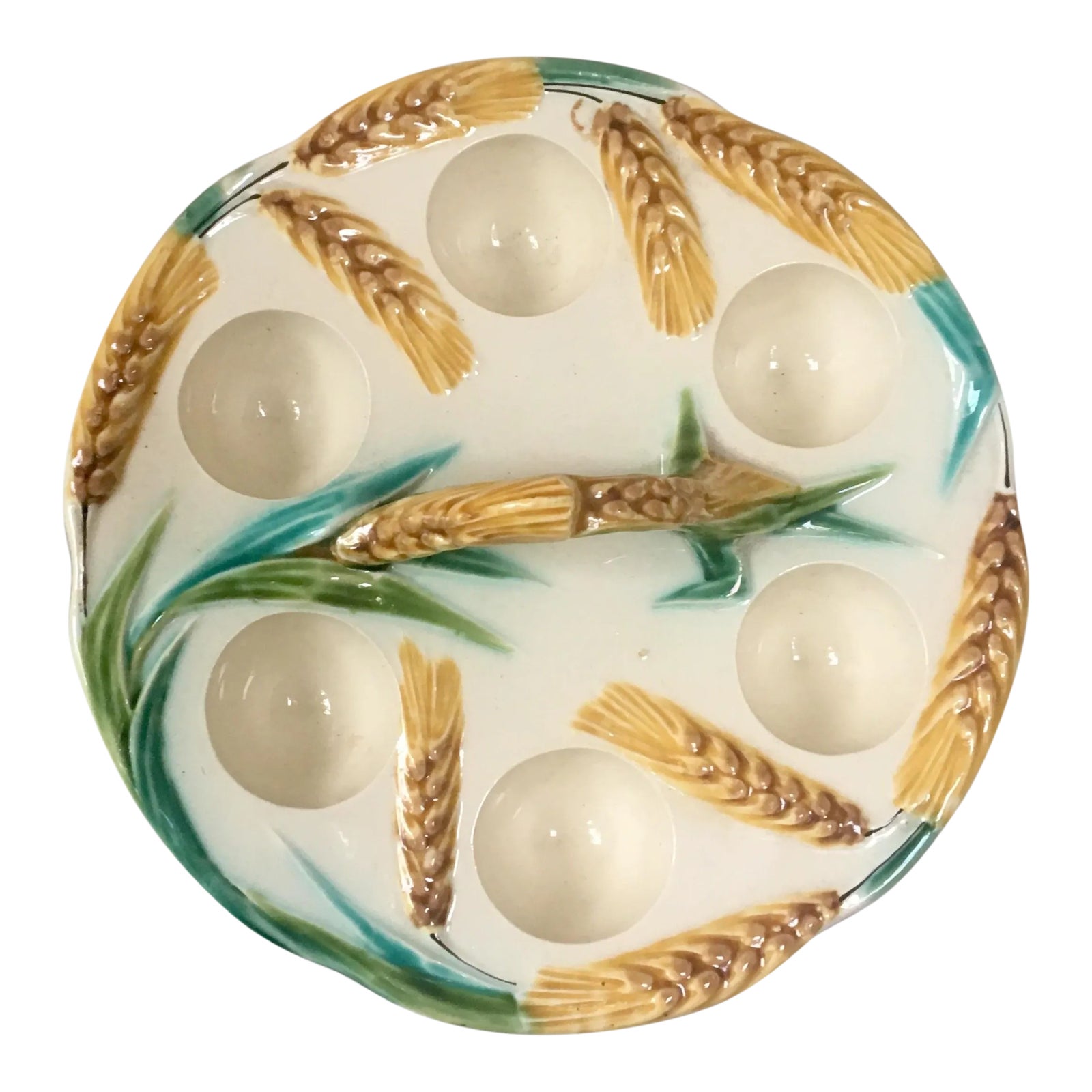 1900s Majolica Wheat Ceramic Egg Handled Plate | Chairish