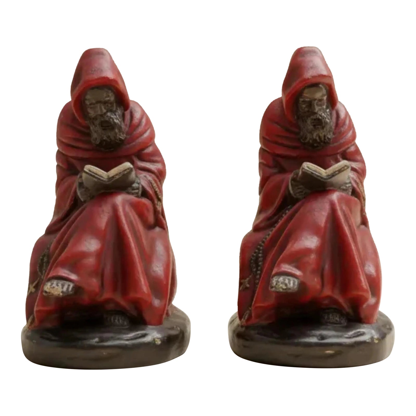 1920s Pair of Bookends: Red Friar Monks Reading, Solid Bronze Library ...