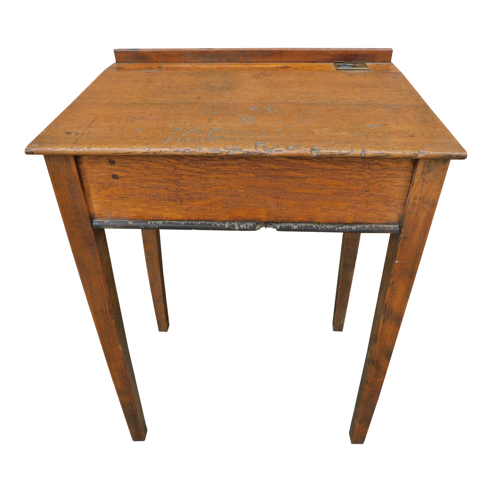 Antique Solid Oak Wood Child's Slant Top School Writing Desk W/ Built ...