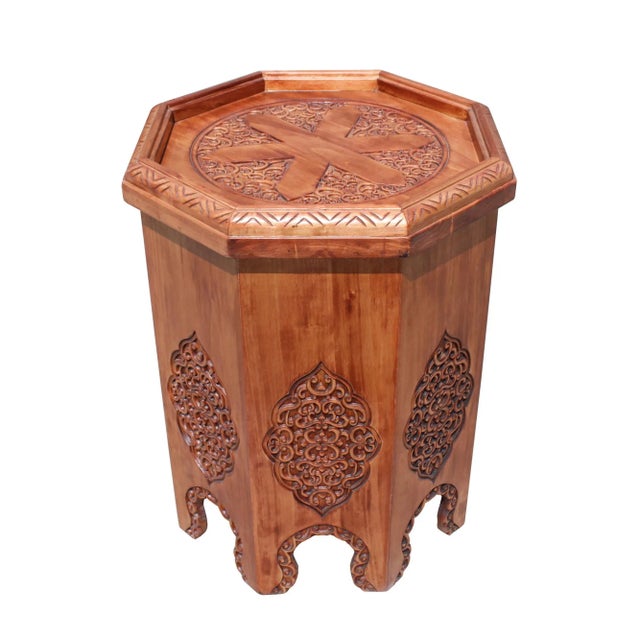 Asian Octagon Floral Relief Carving Side Table Stand | Chairish