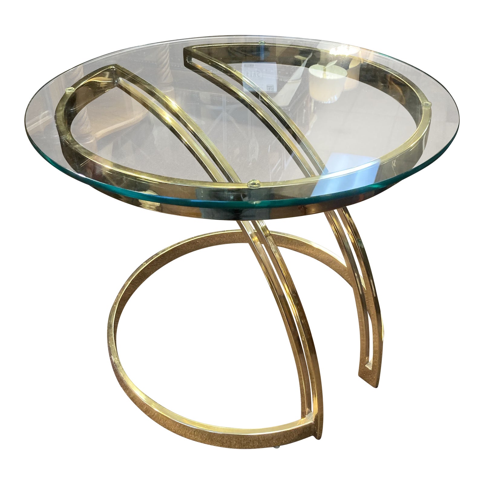 1980s Round Cantilevered Metal and Glass End Table. | Chairish