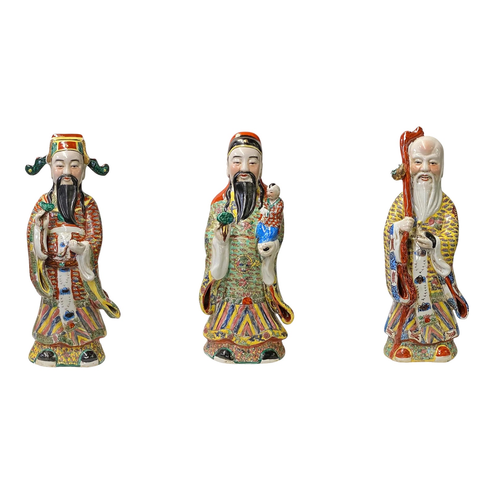 Chinese Canton Color Mixed Fenghsui Fok Lok Shao Figure Set | Chairish