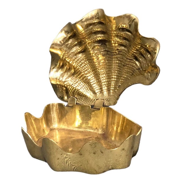 Vintage Large Brass Hinged Clamshell Shell Box / Object | Chairish