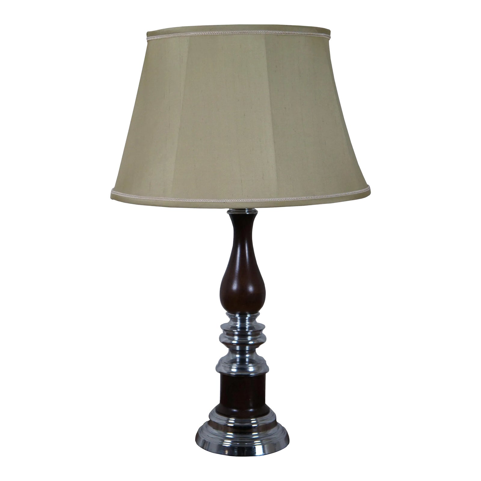 Vintage Late 20th Century Turned Oak & Chrome Trophy Column Table Lamp ...