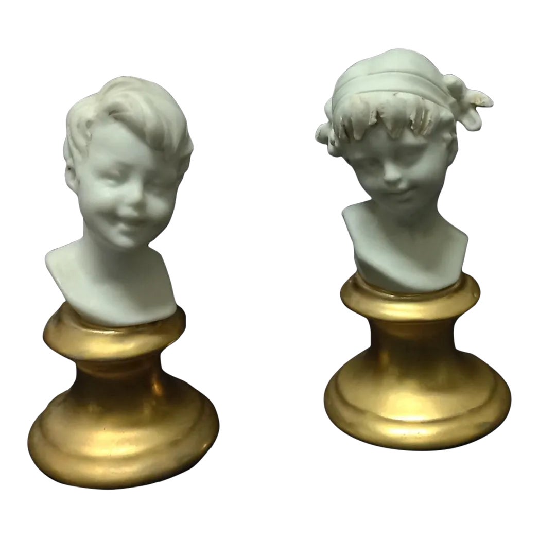 1950s Italian Parian Miniature Busts on Gold Leaf Pedestals Ginori & Chiurato - Set of 2 | Chairish