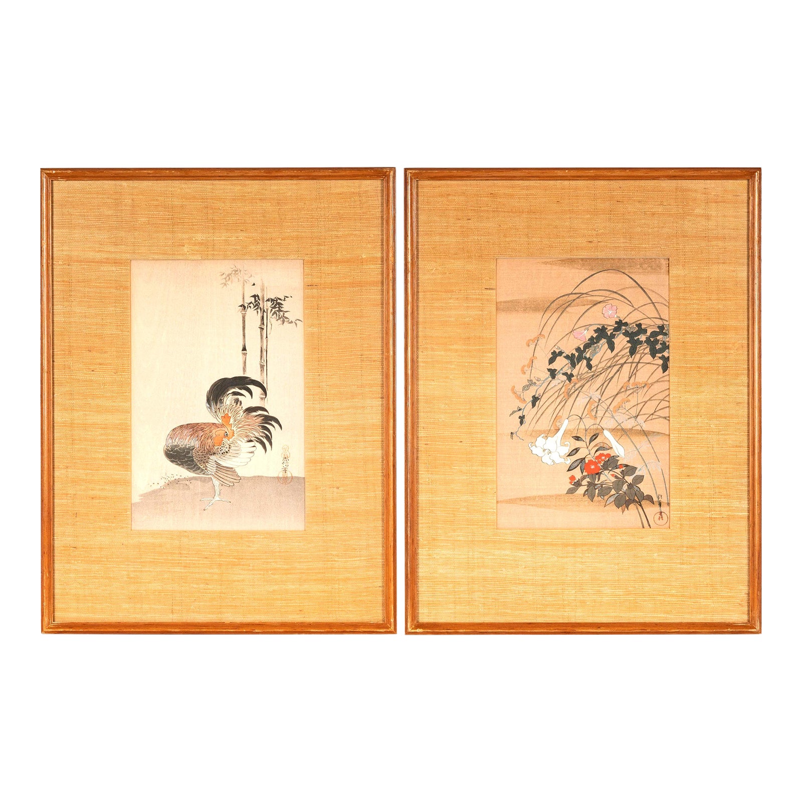 Vintage Japanese Woodblock Prints 'Autumnal Flowers and Rooster' by ...