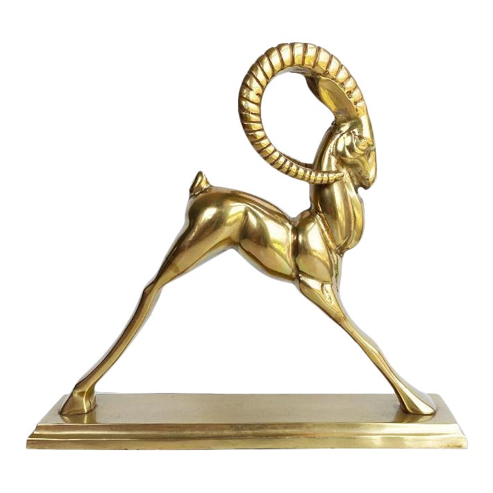 Hollywood Regency Solid Brass Ibex Statue | Chairish