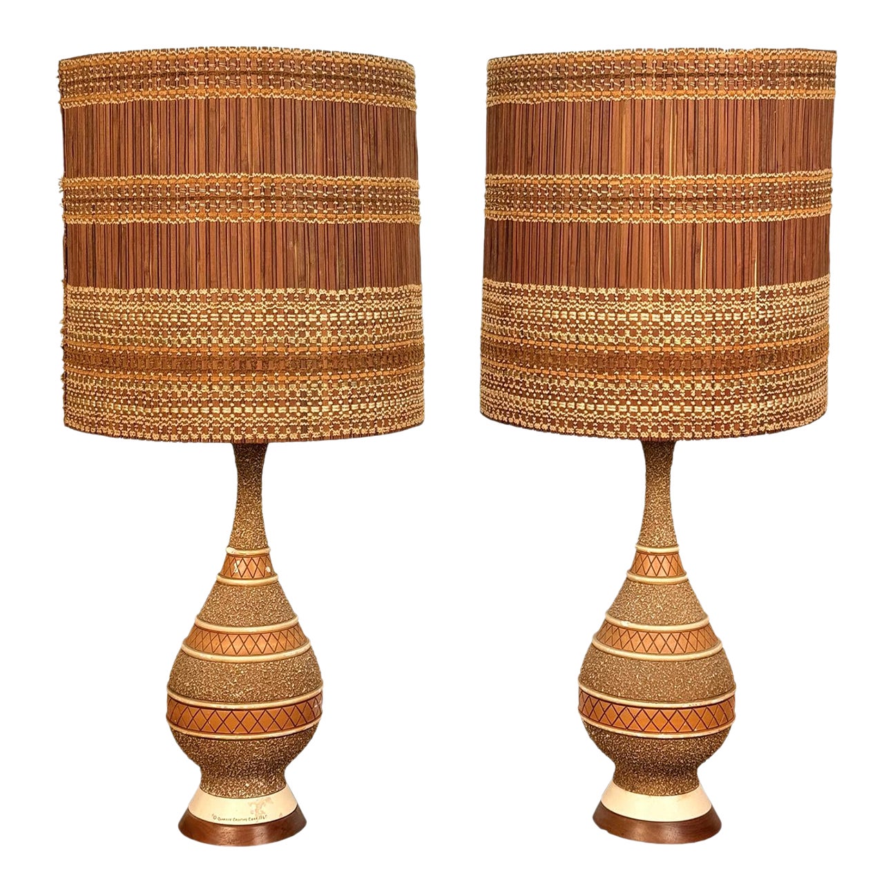 Mid-Century Boho Terracotta Chalkware Table Lamps W/ Maria Kipp Woven ...