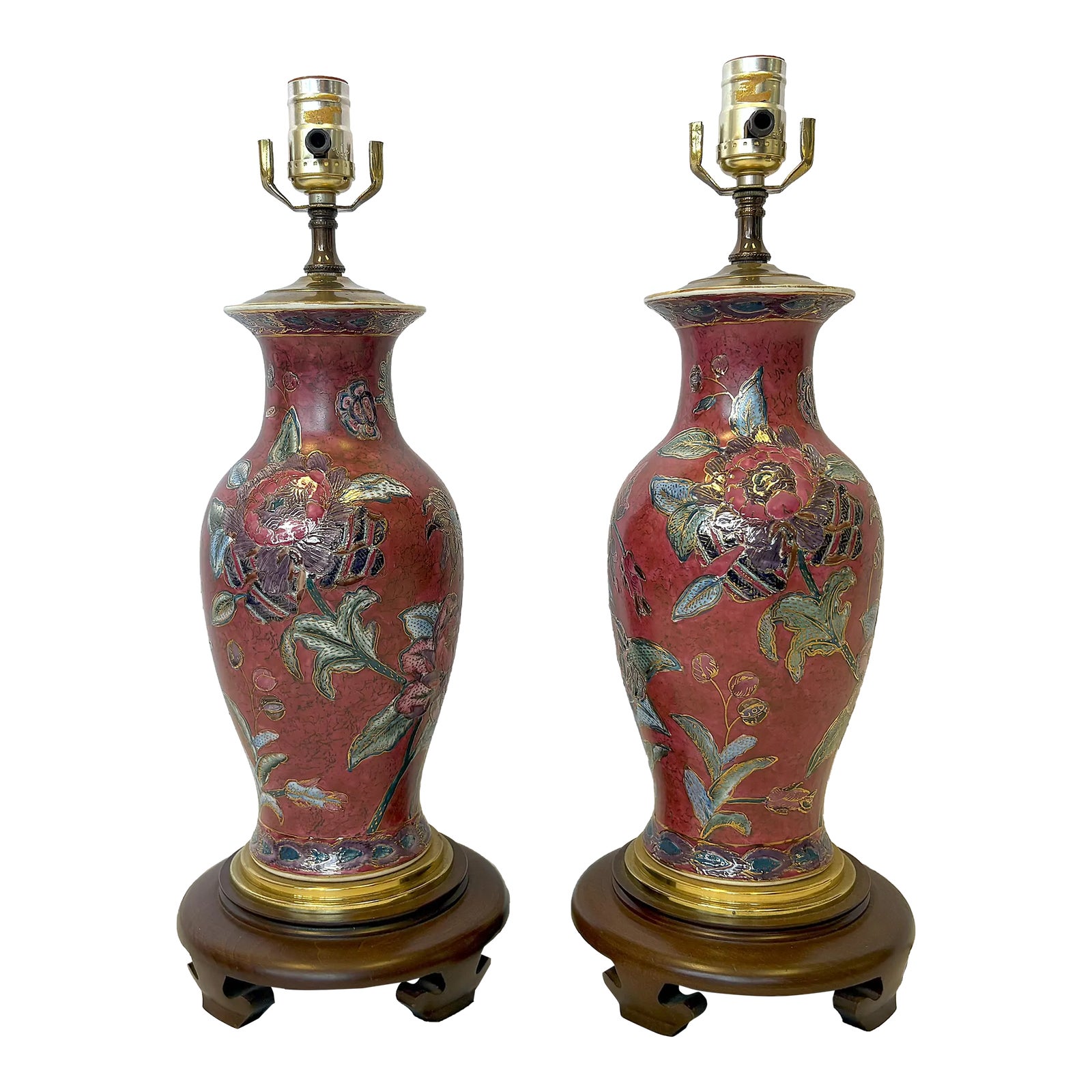 Vintage Ceramic Vase Lamps With Elegant Floral Design on Wood Plinths ...