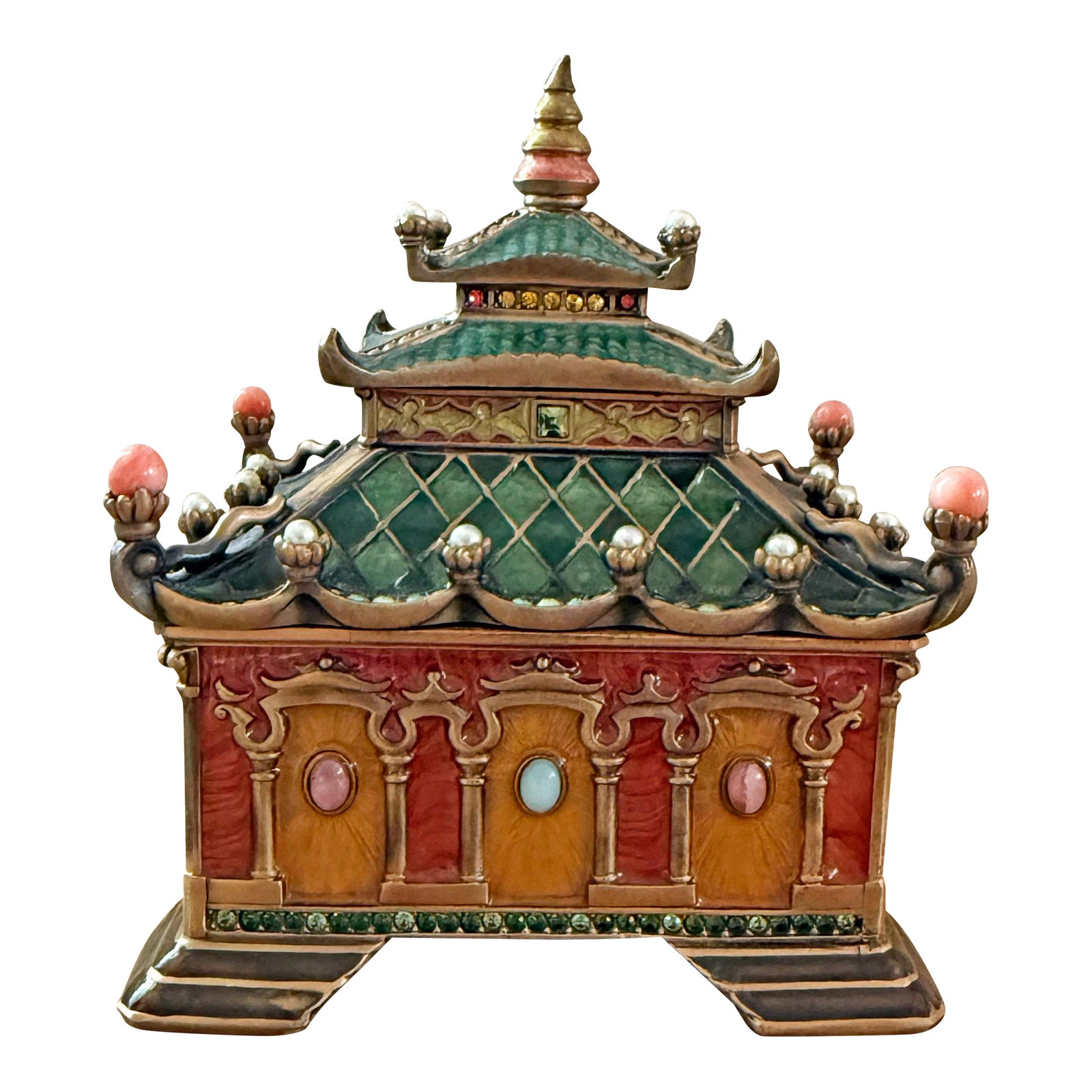 1990s Jay Strongwater Enameled & Bejeweled Three-Tier Lidded Pagoda Box ...