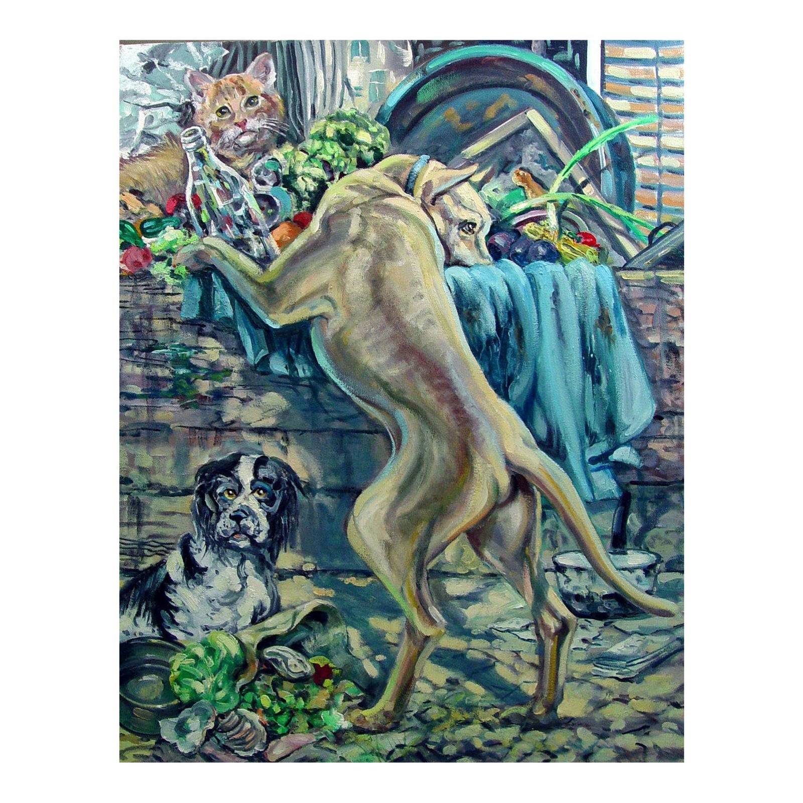 Vintage Simon Michael Dogs and Cat Painting | Chairish