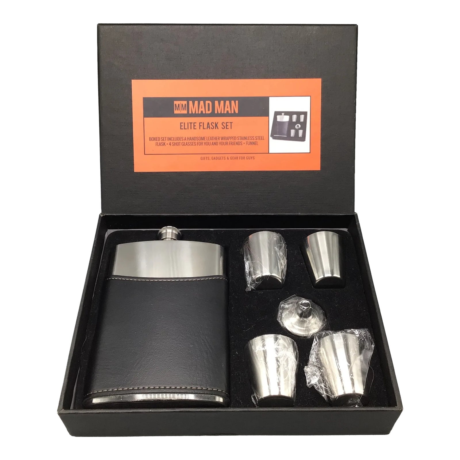 Vintage Mad Man Elite Stainless Steel Flask Set With 4 Shot Glasses, 1 Flask and 1 Funnel in ...