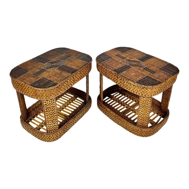 Vintage Woven Pencil Reed Rattan Side Tables- a Pair | Chairish