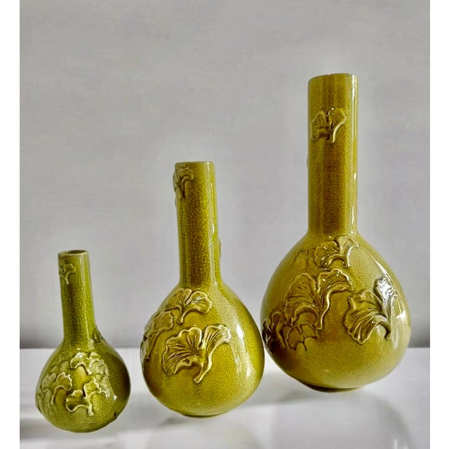 Chartreuse Raku Lotus Leaf Vases, Set of Three | Chairish
