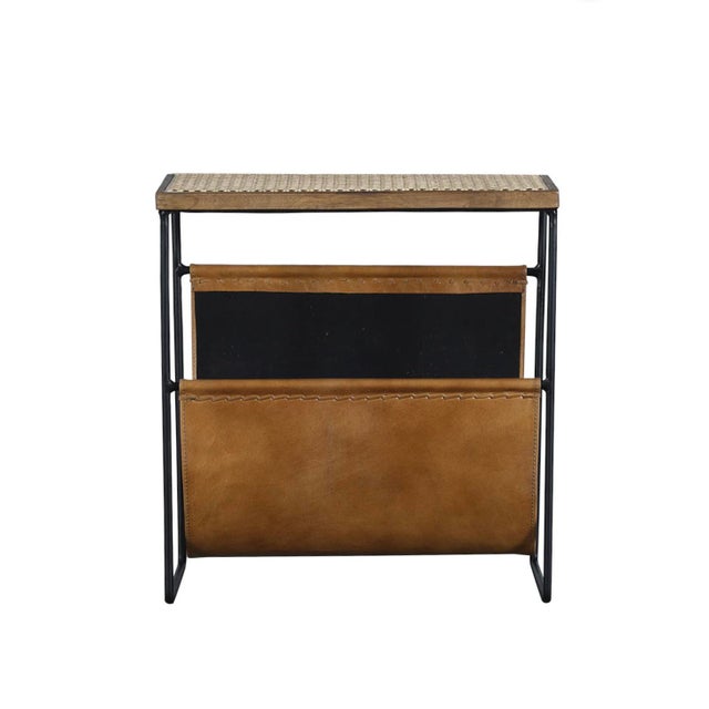 Matthew Izzo Home Leather and Rattan Magazine Rack Side Table | Chairish