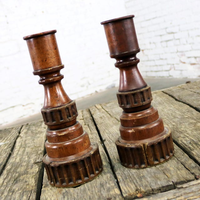 Pair Vintage Turned Wood and Composite Candle Holders | Chairish