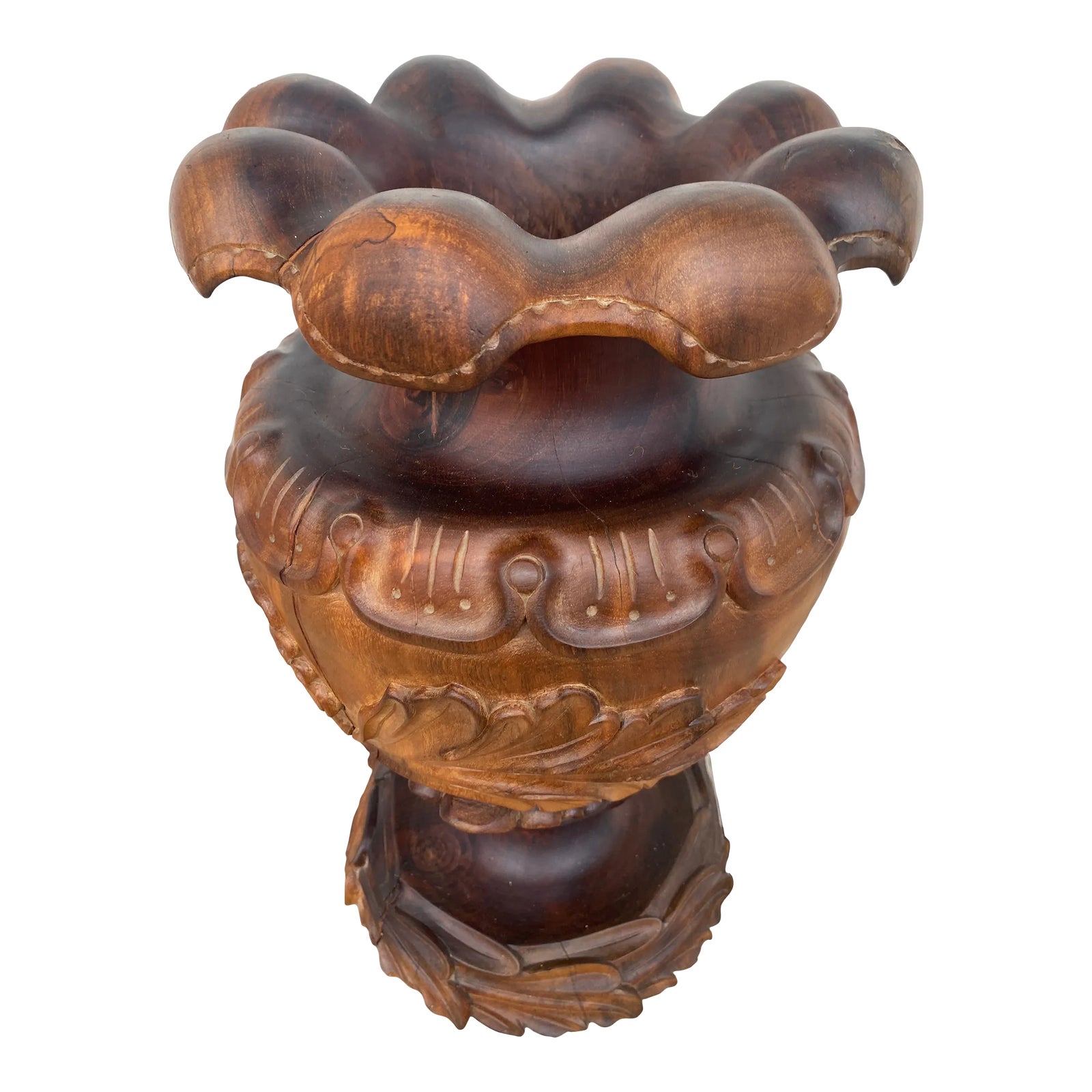 Large Single Block Hand-Carved Ornate Walnut Urn | Chairish